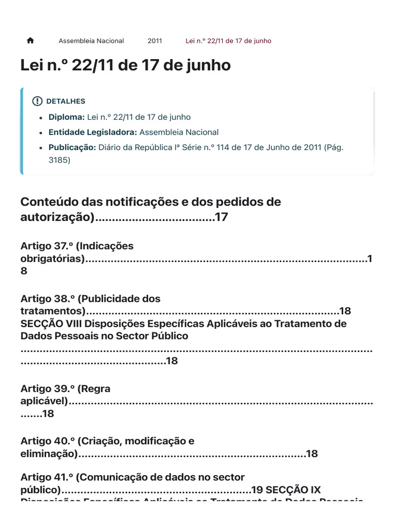 Lei de Proteção de Dados Angola-Lei N.º 22/11 de 17 de Junho - Direito ...