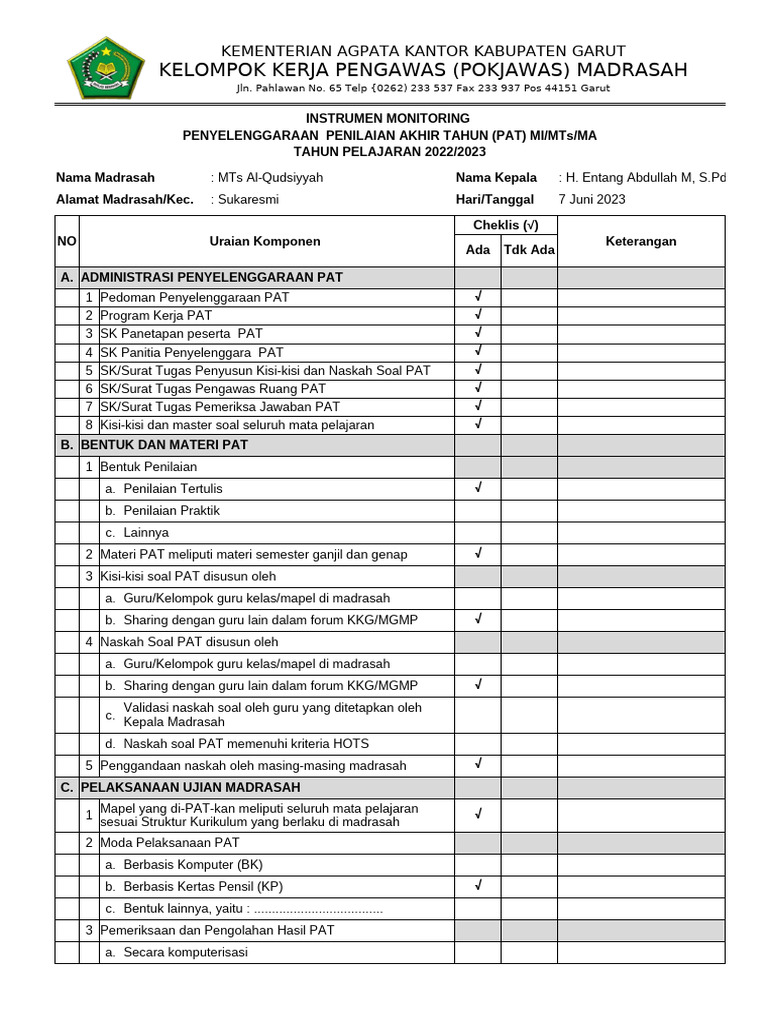 INSTRUMEN MONITORING PAT 2023 | PDF