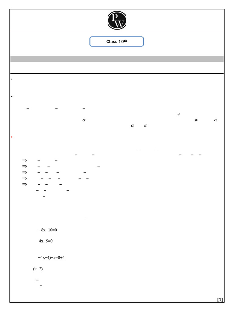 Quadratic Equation - Short Notes | PDF