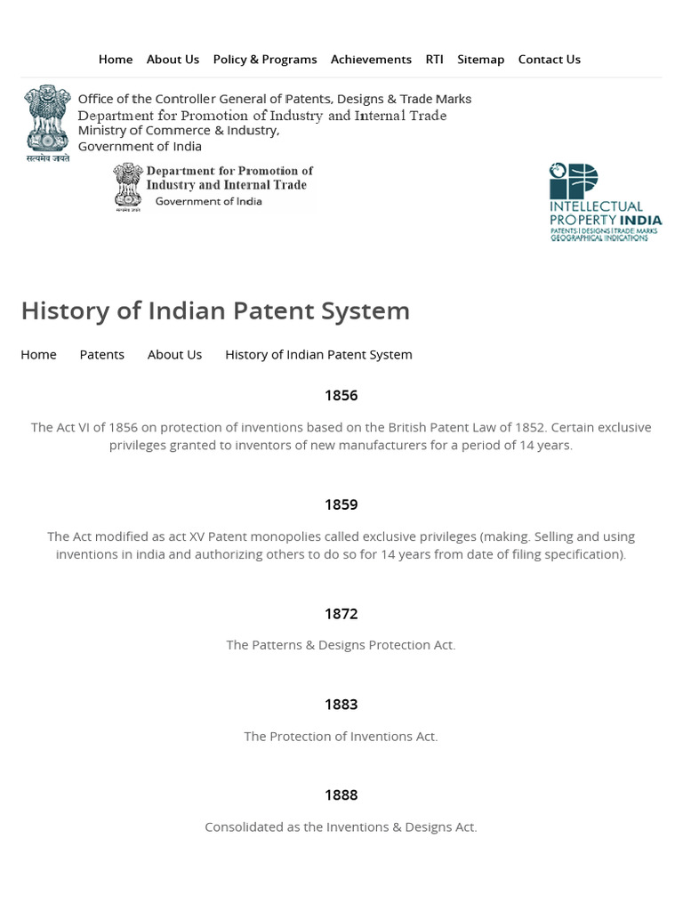 History of Indian Patent System - About Us - Intellectual Property ...