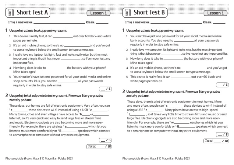 Brainy Kl8 Short Tests Unit 1 Lesson 1 | PDF