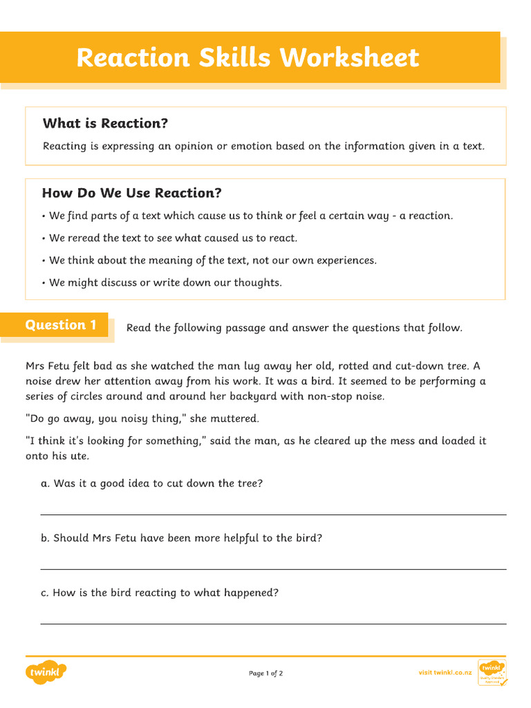 Reaction Skills Pupil Sheet Fri HW | PDF