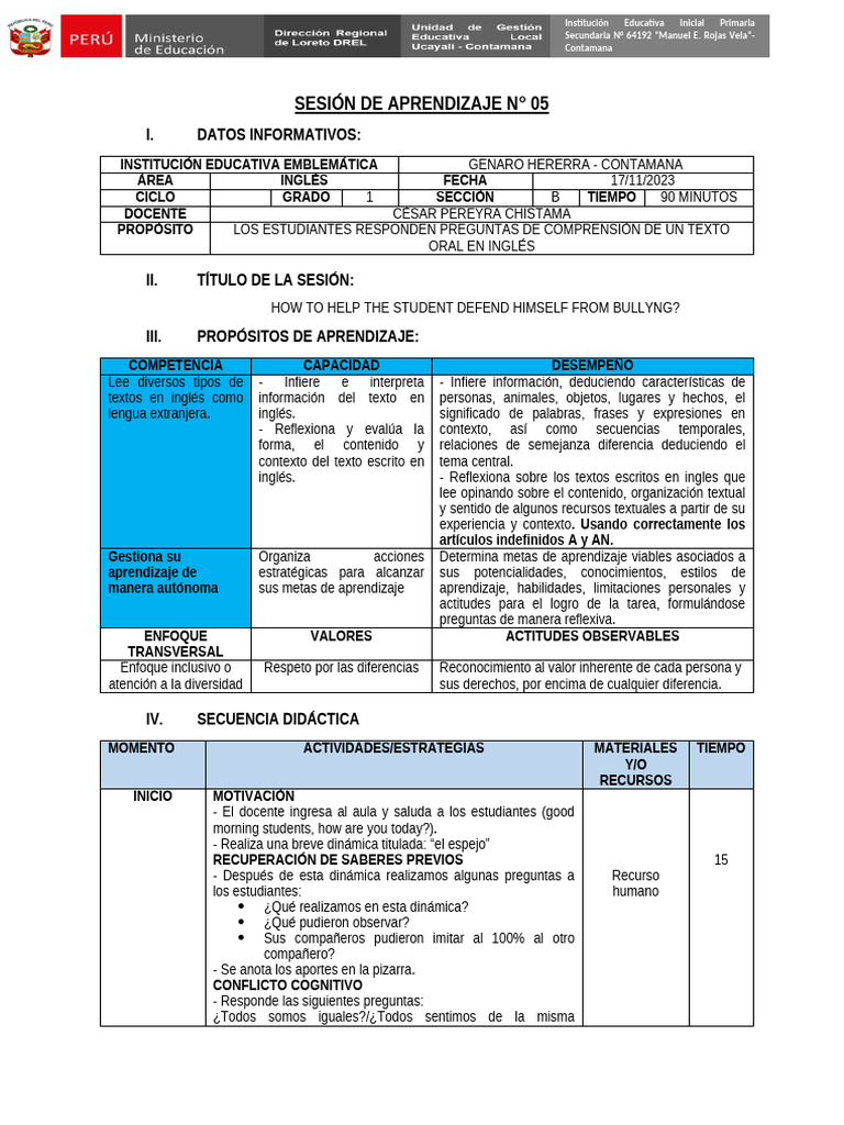 Sesión de Aprendizaje Bullying | PDF | Aprendizaje | Crecimiento personal y profesional