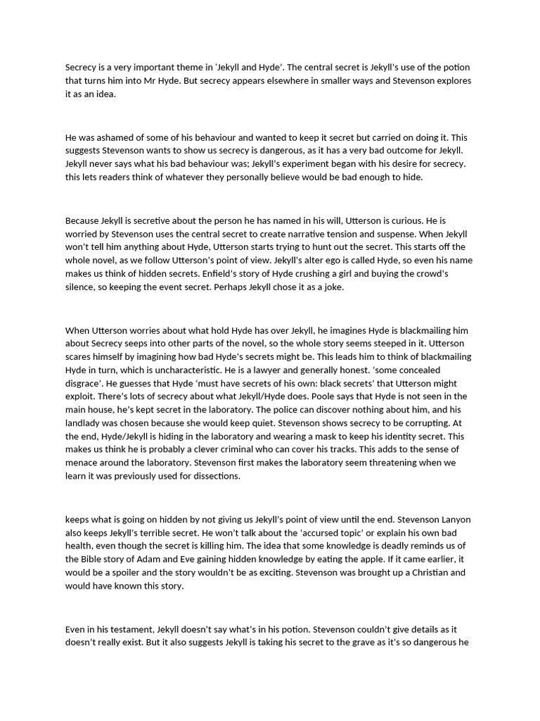 Secrecy Is A Very Important Theme in | PDF | Strange Case Of Dr Jekyll ...