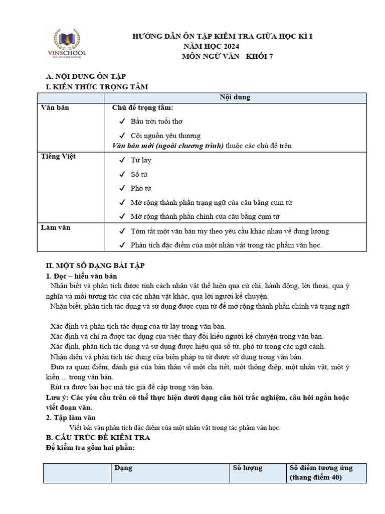Văn 7 - HDOT GK1 - 2024 - 2025 | PDF