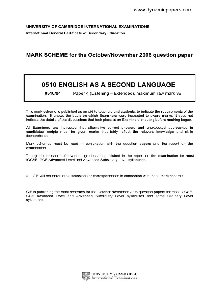 0510 English As A Second Language: MARK SCHEME For The October/November ...