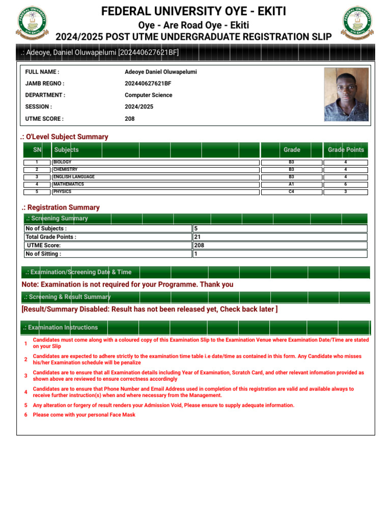 Adeoye Daniel Oluwapelumi Registration Slip | PDF