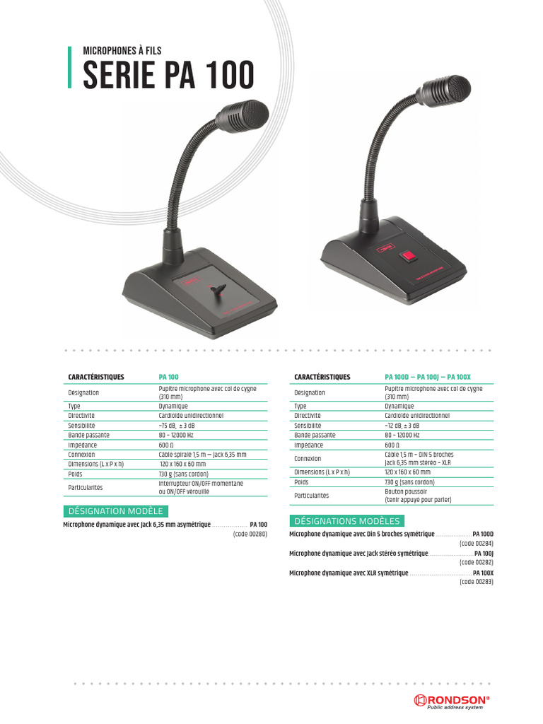 Serie Pa 100: Microphones À Fils | PDF | Information And Communications ...