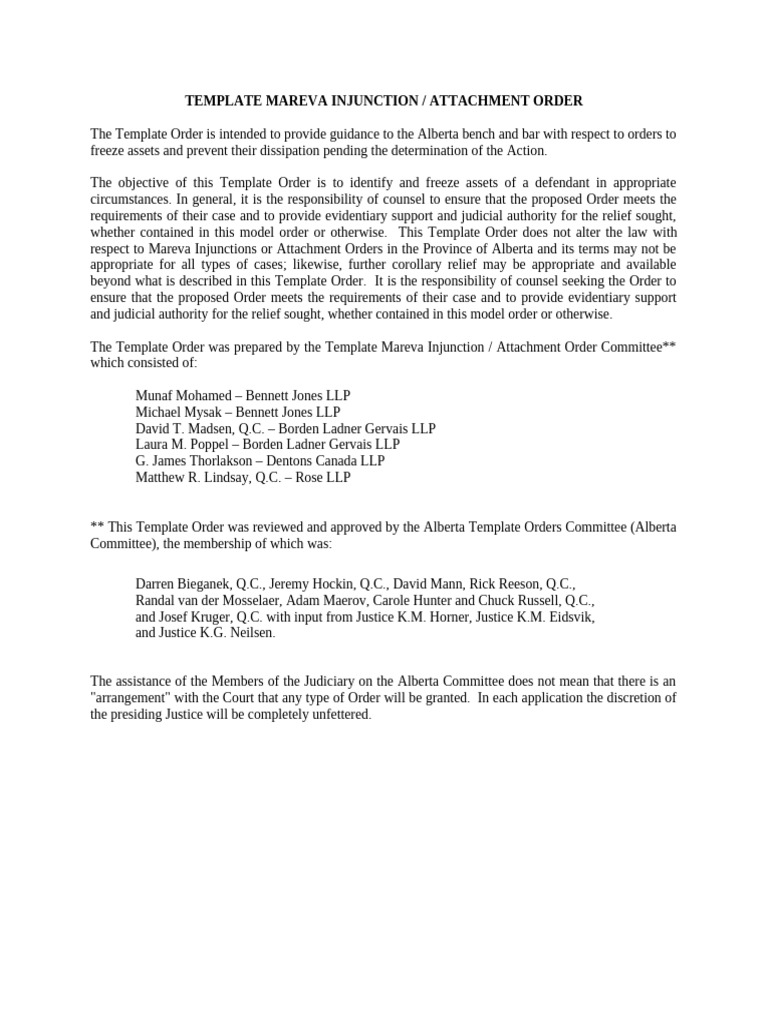 Mareva Injunction Attachment Order Template | PDF