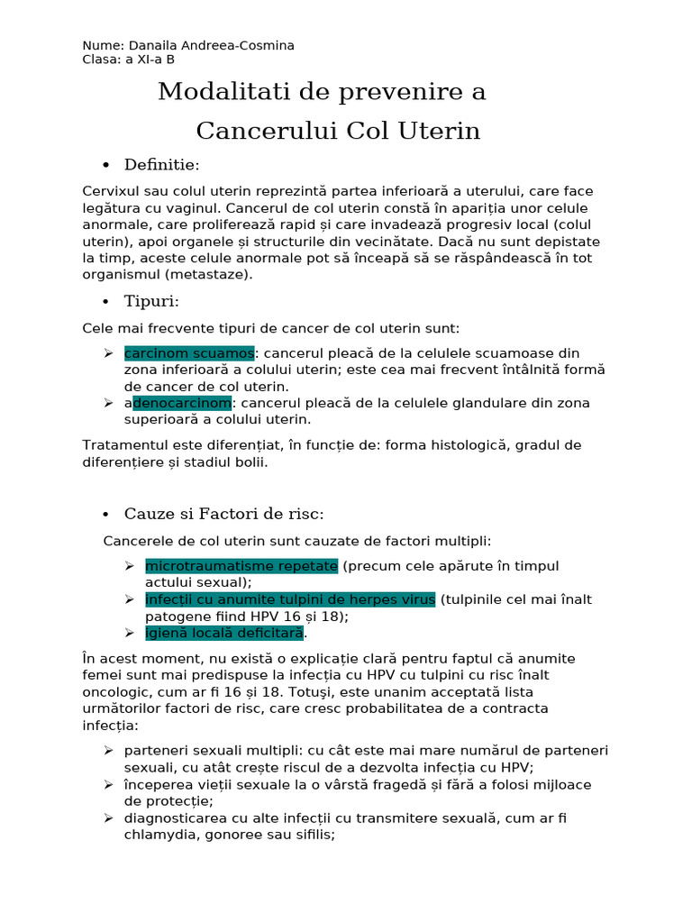 Modalitati de Prevenire A Cancerului Col Uterin | PDF