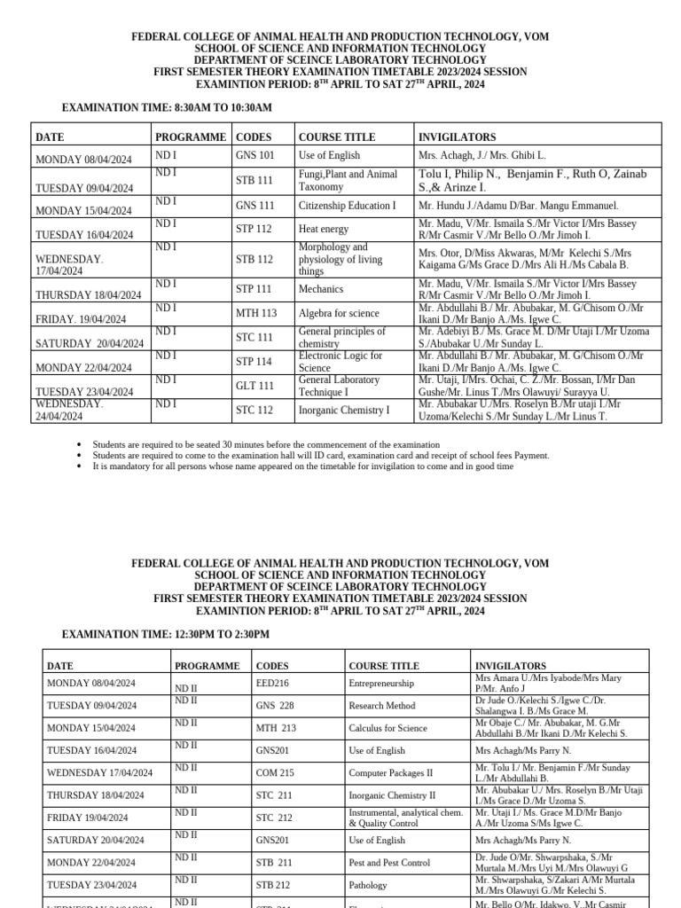 SLT Dept First Semester Final Theory Exam Timetable 2024 | PDF