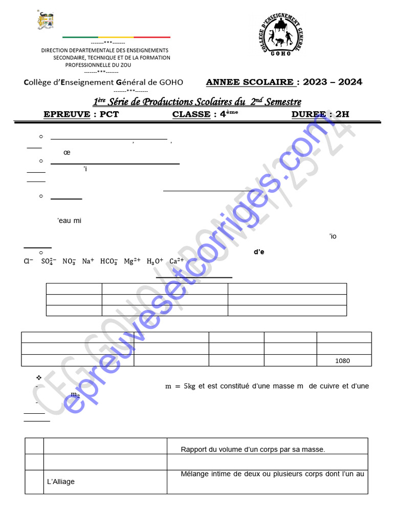 Epreuve de PCT 4ème 1er Devoir Du 2eme Semestre 2023-2024 CEG GOHO | PDF