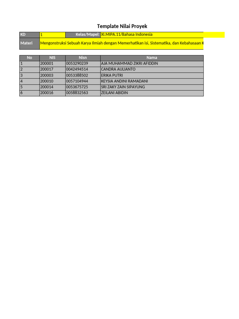 Template Nilai Proyek-XI - MIPA.11-Bahasa Indonesia2 | PDF