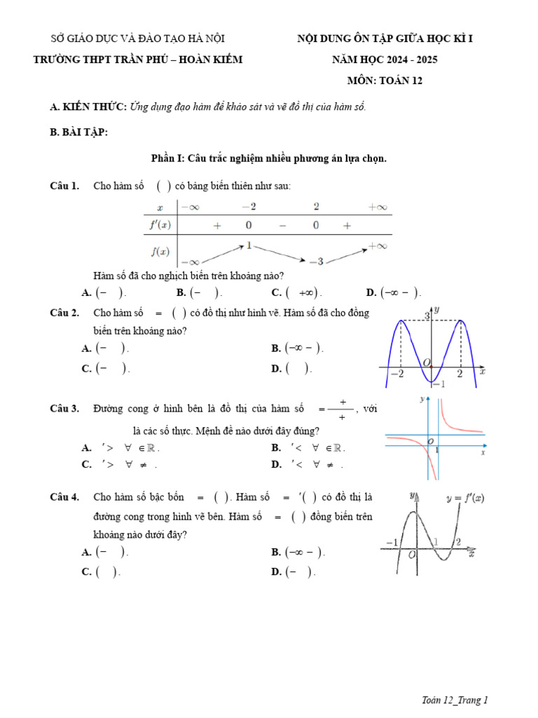 On Tap Giua Ki 1 Toan 12 Nam 2024 2025 Truong THPT Tran Phu Ha Noi | PDF