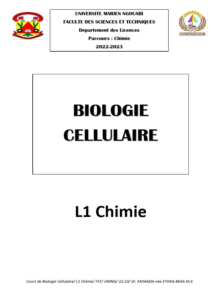 Cours Biologie Cellulaire 2022 2023 L1 Chimie | PDF