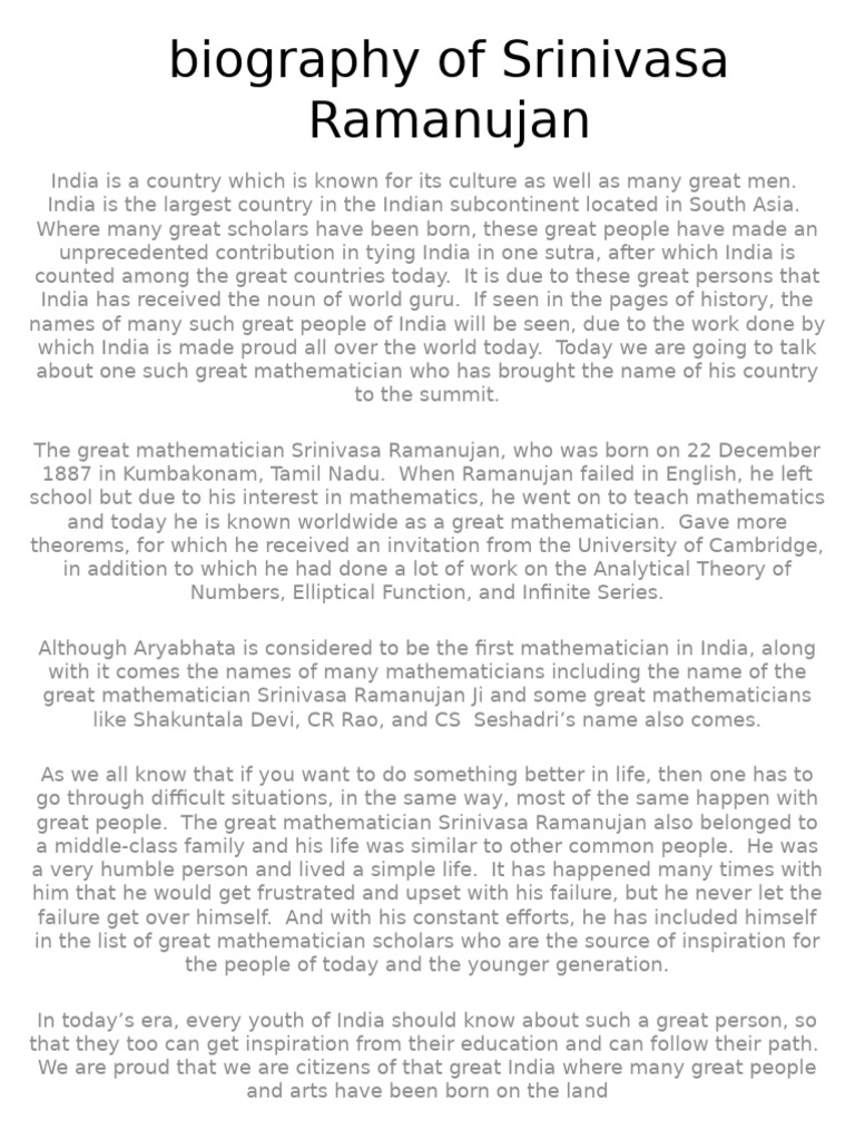 Biography of Srinivasa Ramanujan | PDF