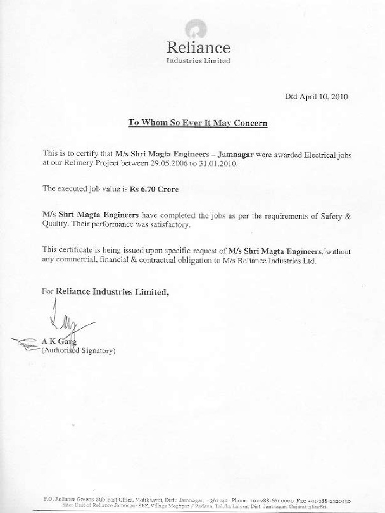 Electrical Jobs Reliance Industries | PDF