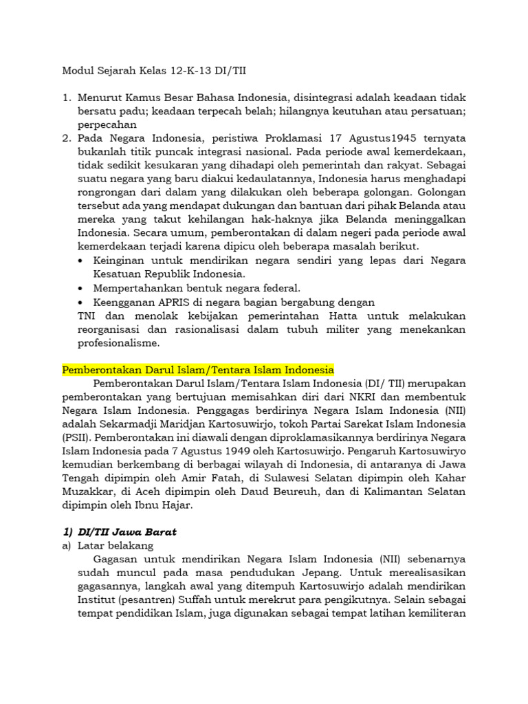 Modul Sejarah Kelas 12-K-13 DI - TII | PDF