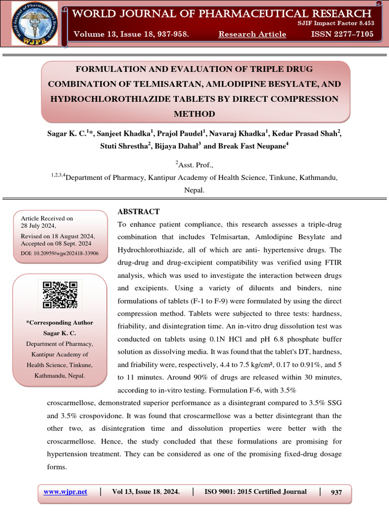 Formulation and Evaluation of Triple Drug Combination of Telmisartan ...