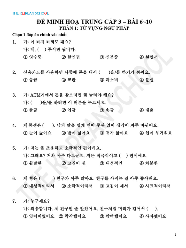 Đề Minh Họa Trung Cấp 3 - Bài 678910 | PDF