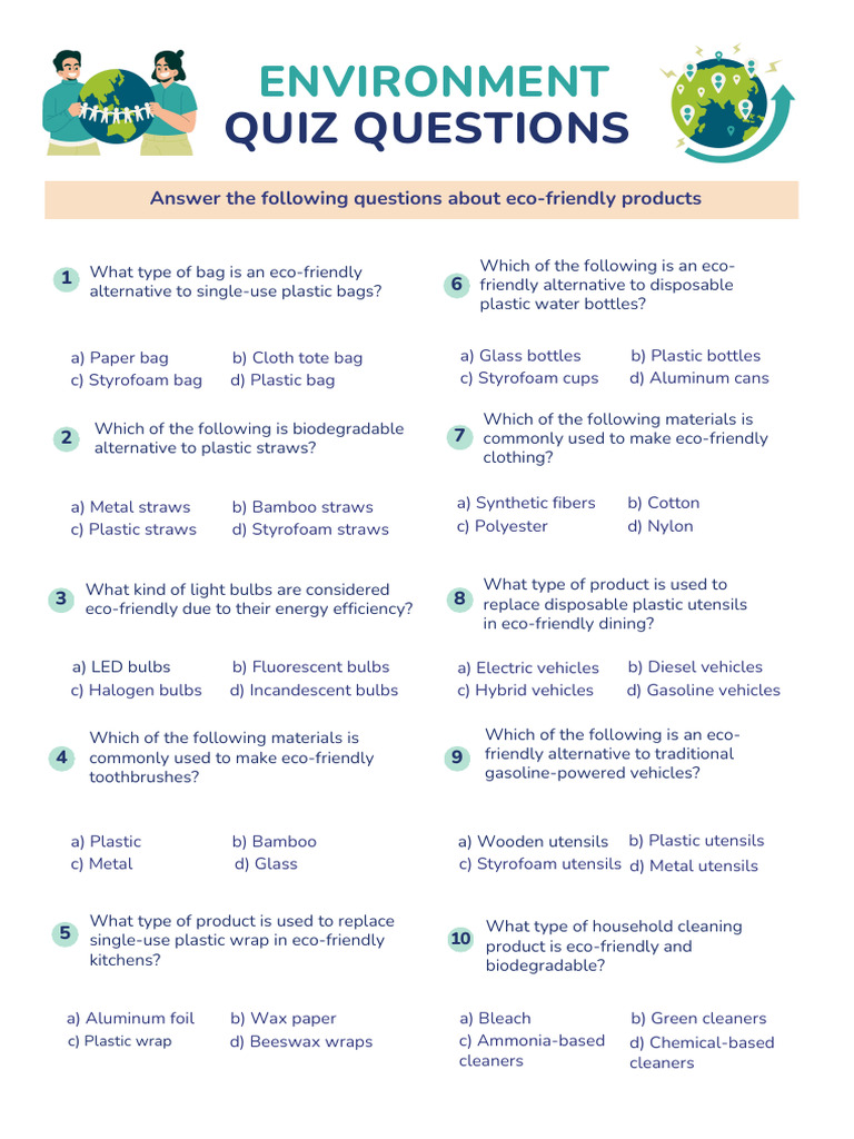 Environment Multiple Choice Quiz Worksheet in Beige Green Cute Style | PDF