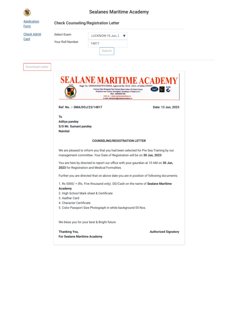 Sealane Maritime Academy Registration Letter | PDF | Law