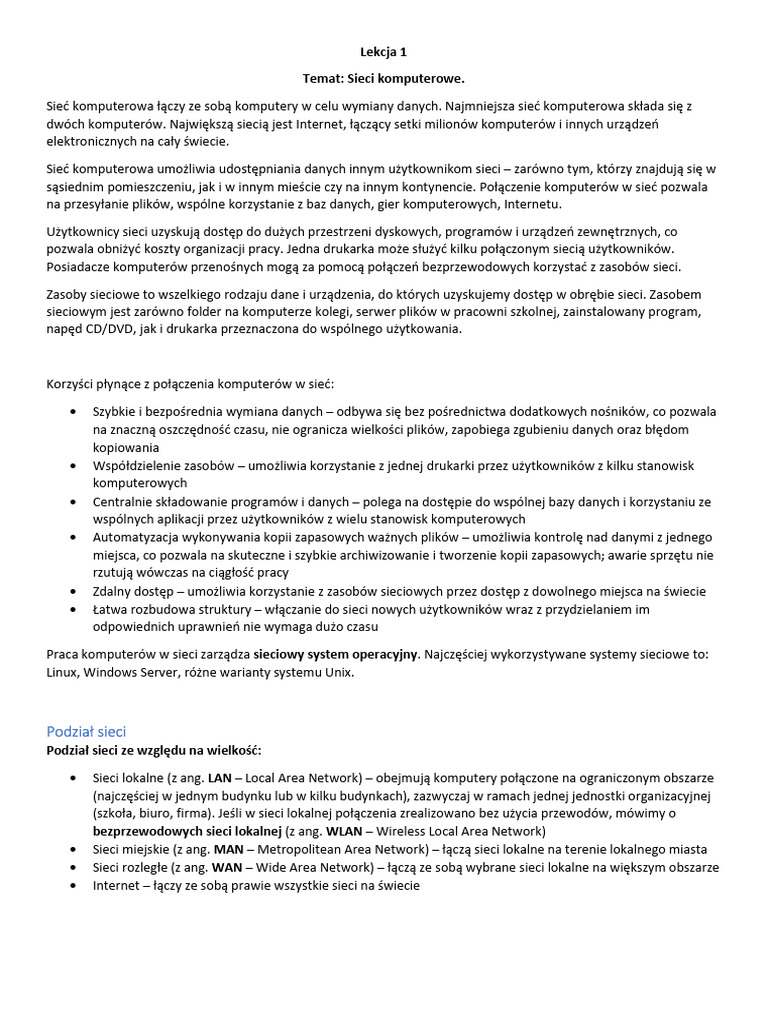 Lekcja 1 - Sieci Komputerowe | PDF
