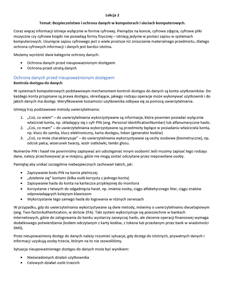 Lekcja 2 - Bezpieczeństwo I Ochrona Danych W Komputerach I Sieciach Komputerowych | PDF