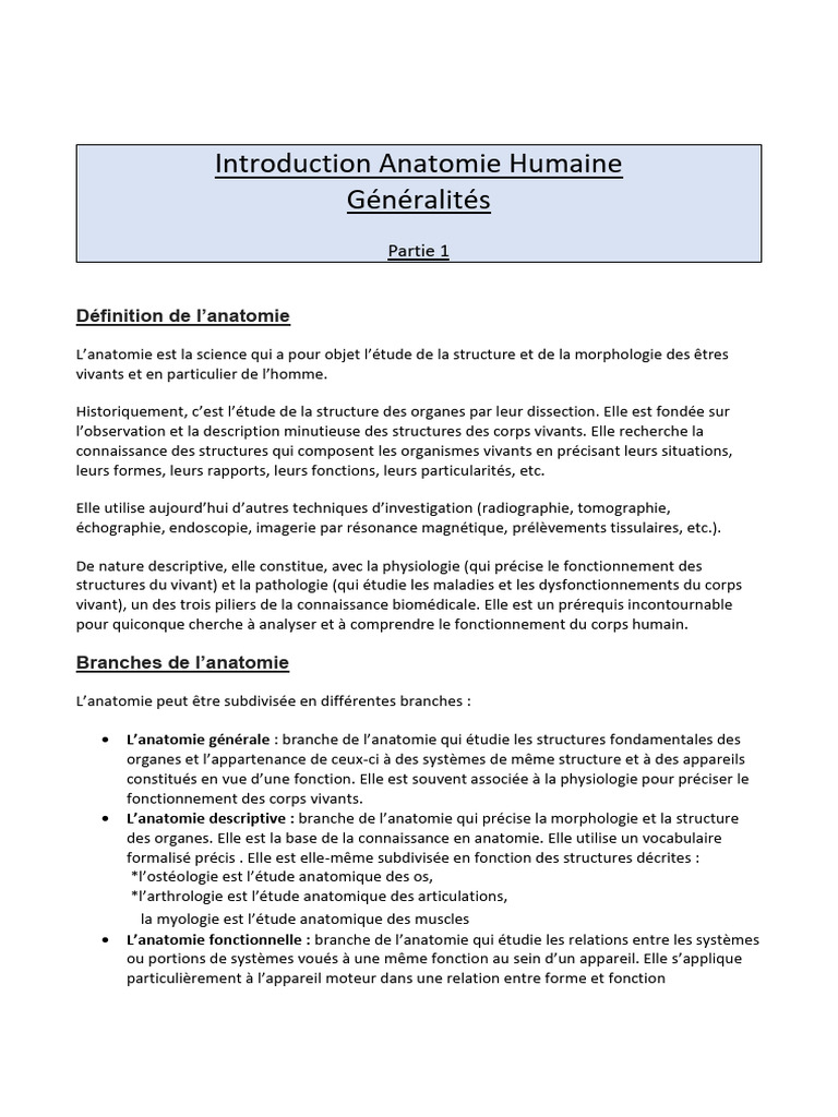 Introduction Anatomie Humaines Partie 1 | PDF