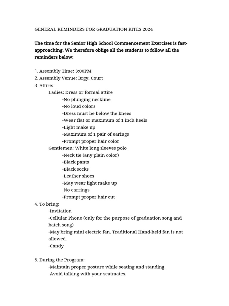 General Reminders For Graduation Rites 2024 1 | PDF