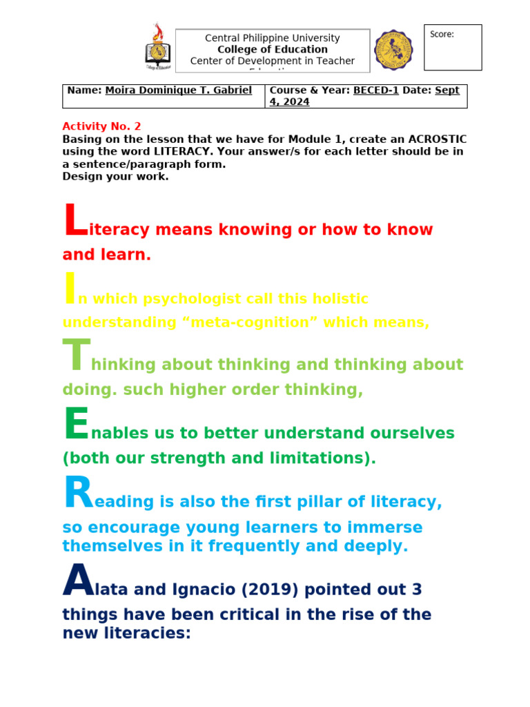Activity No. 2 Literacy ACROSTIC | PDF