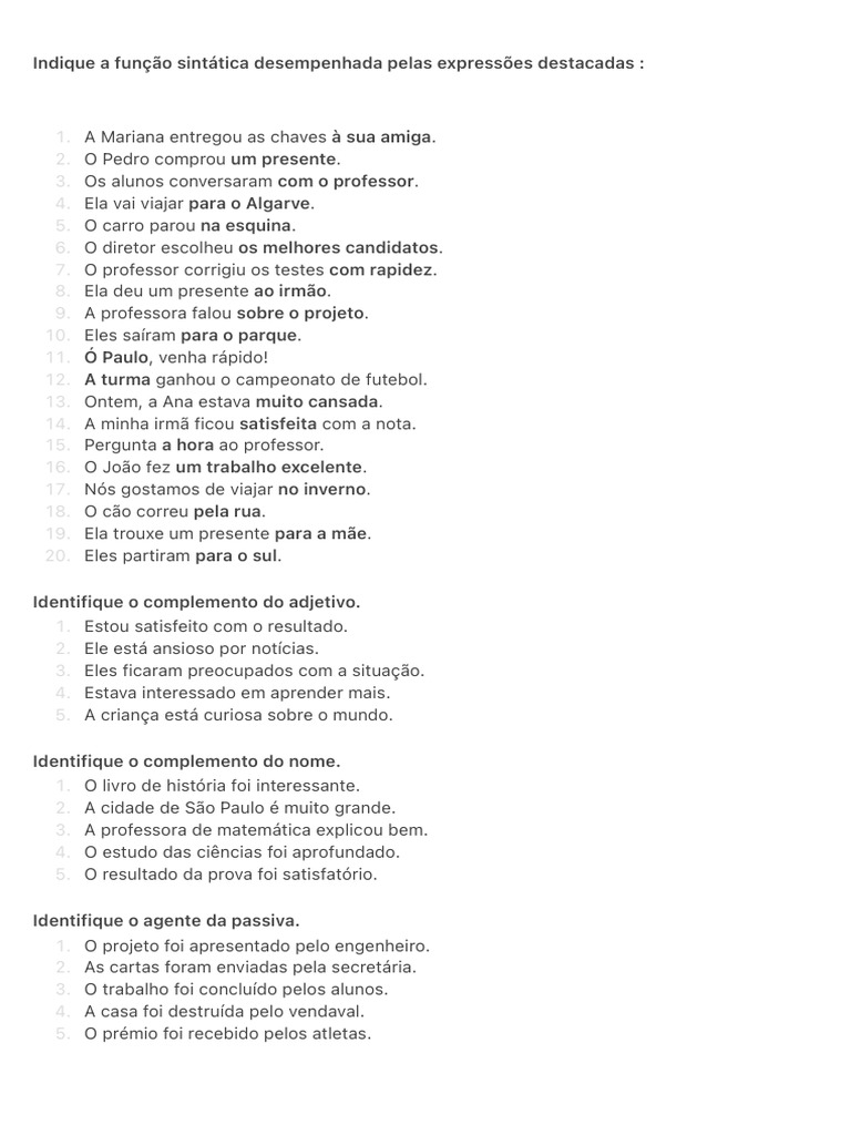 Indique A Função Sintática Desempenhada Pelas Expressões Destacadas | PDF