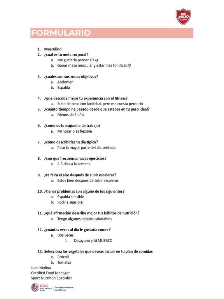 Formulario Nutricion Online | PDF