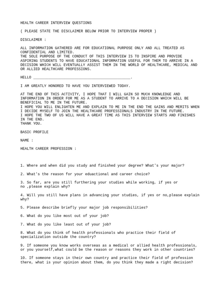 Health Career Interview Questionairre | PDF