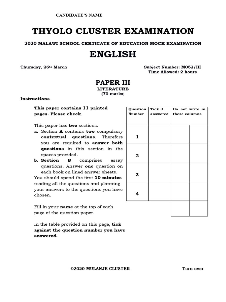 Tholo Clus. Mock 2020 Msce Eng. Ppiii | PDF
