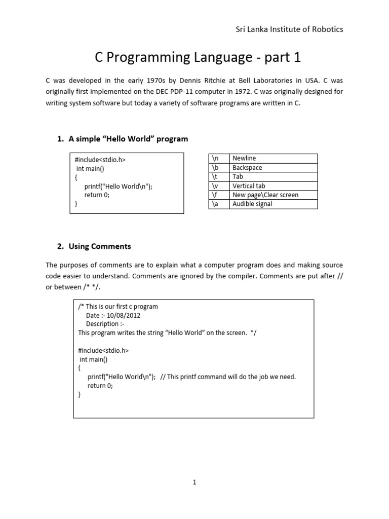 C Programming Language Part 1 | PDF