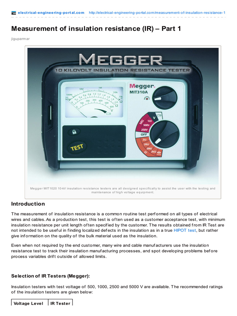 Measurement of Insulation Resistance IR Part 1 | PDF