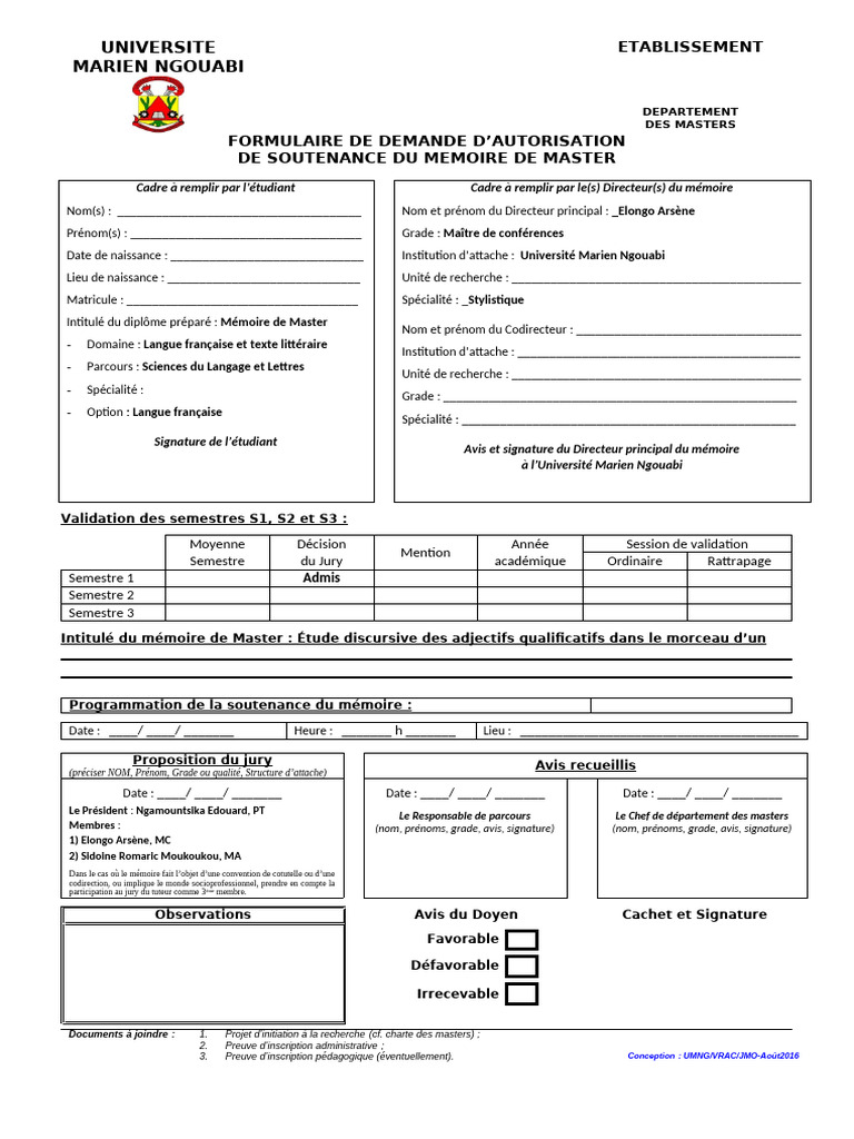 Formulaire Demande Autorisation de Soutenance MASTER | PDF