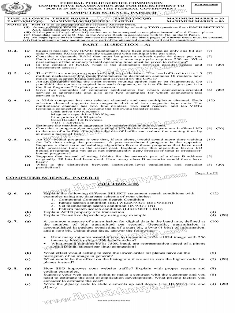 CSS Past Paper 2023 Computer Science Paper 2 Subjective | PDF