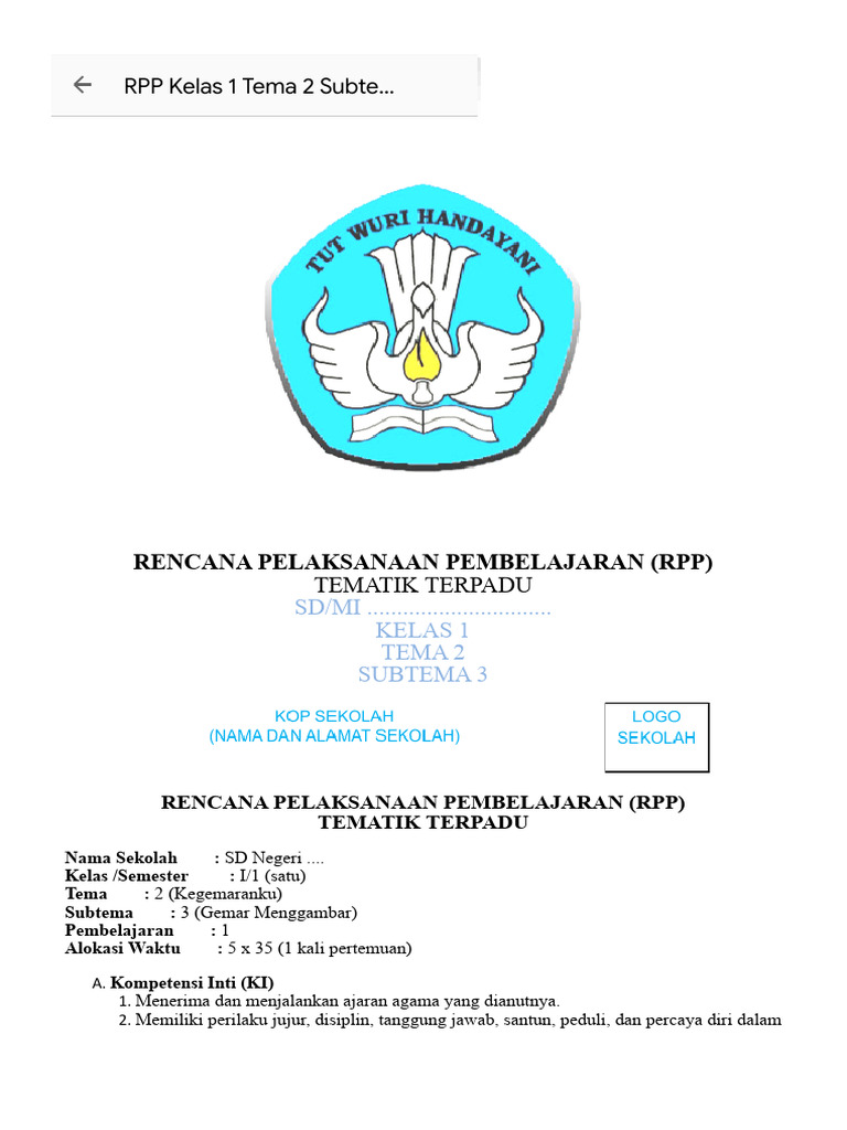 RPP Kelas 1 Tema 2 Subtema 3 | PDF