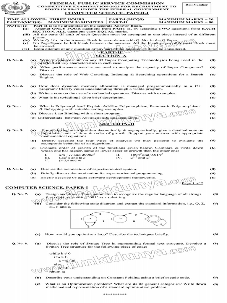CSS Past Paper 2023 Computer Science Paper 1 Subjective | PDF