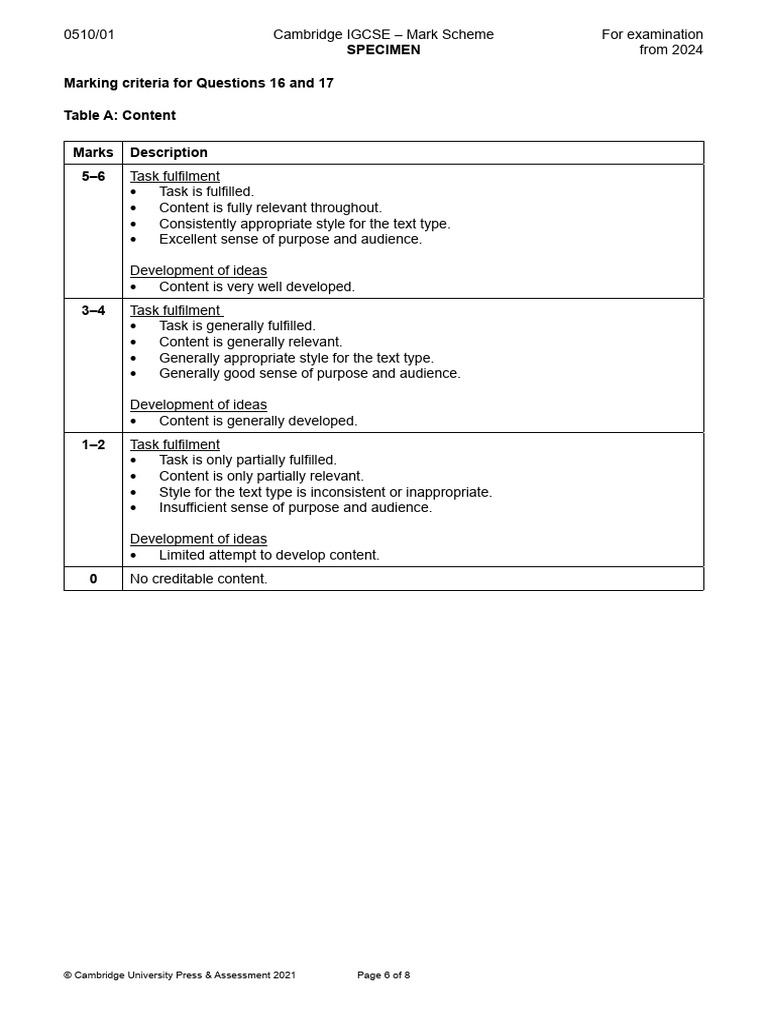 IGCSE Writing Mark Scheme | PDF