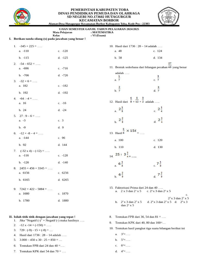 Soal UTS MTK Kelas 6 Ganjil K13 | PDF