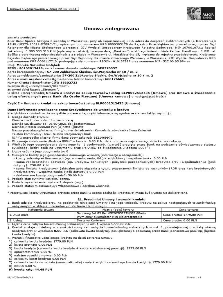 Umowa Kredytowa | PDF