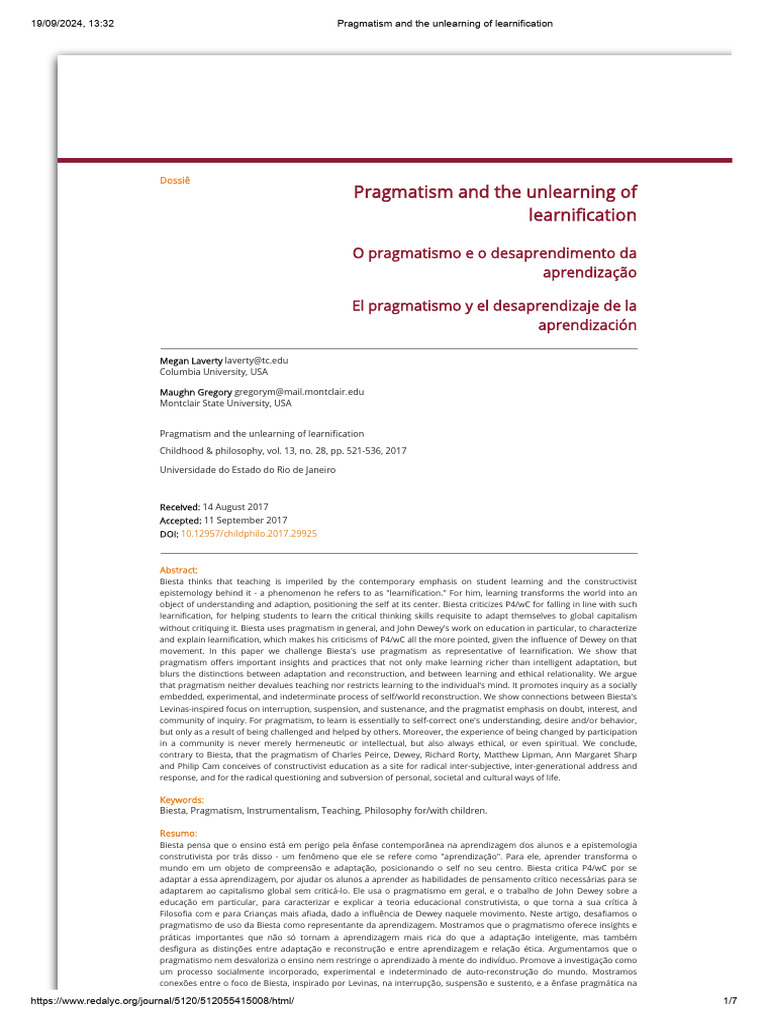 Pragmatism and The Unlearning of Learnification | PDF
