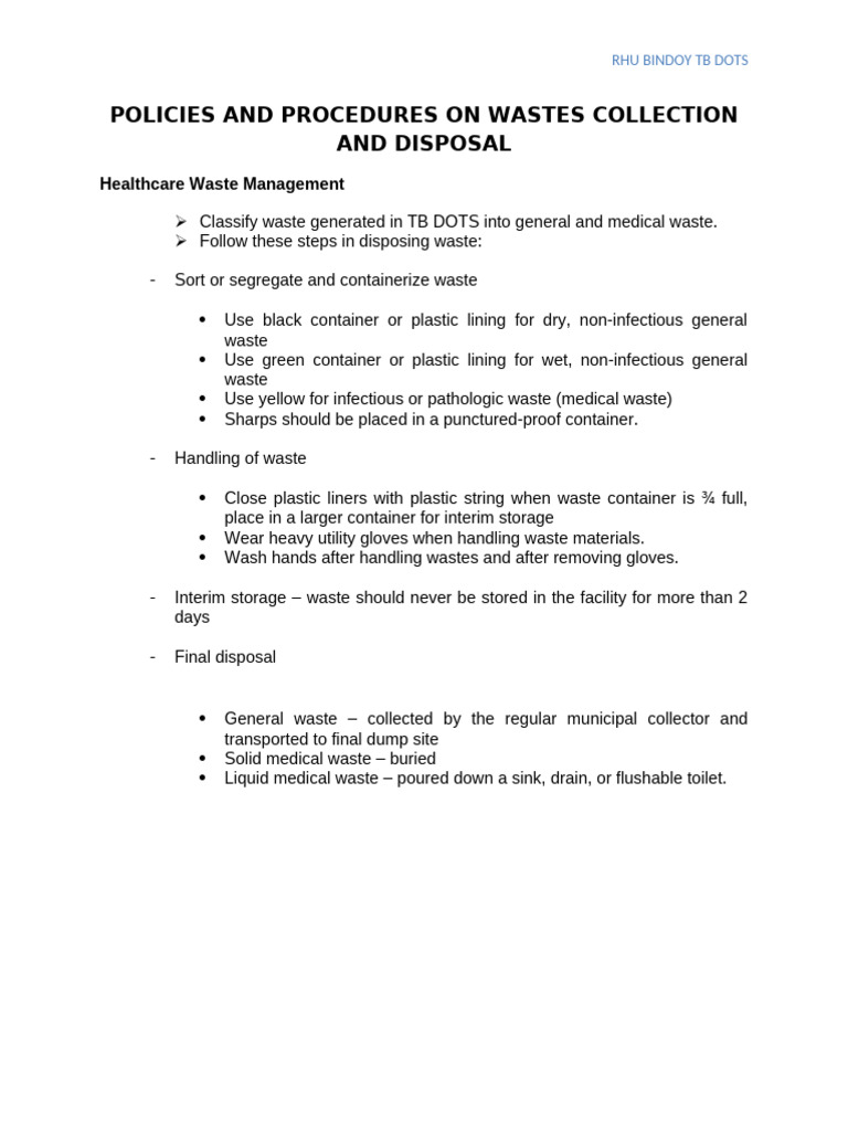 POLICIES AND PROCEDURES ON WASTES COLLECTION AND DISPOSAL & procedures ...