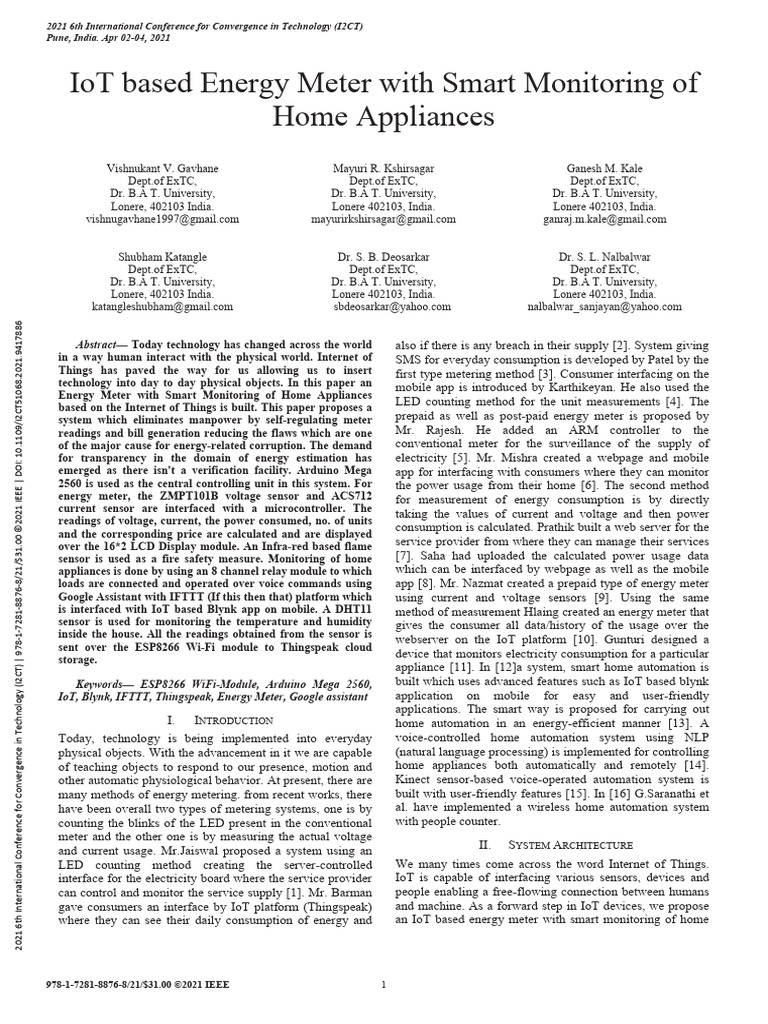 IoT Based Energy Meter With Smart Monitoring of Home Appliances | PDF