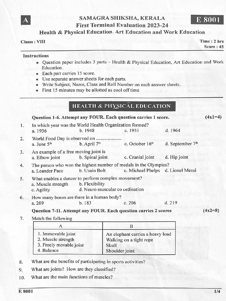 Class 8 First Term Exam 2023 Question Paper - ART, WE, PET EM | PDF