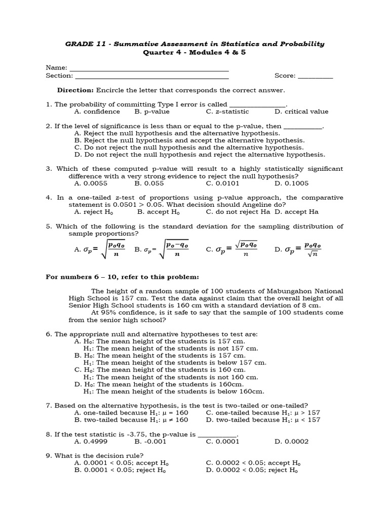 Stat - Prob-11 Q4 Summa45 | PDF
