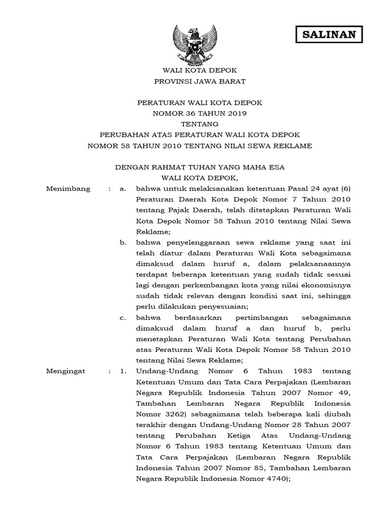 Perwal No 36 Tahun 2019 Perubahan Atas Peraturan Wali Kota Depok Nomor ...